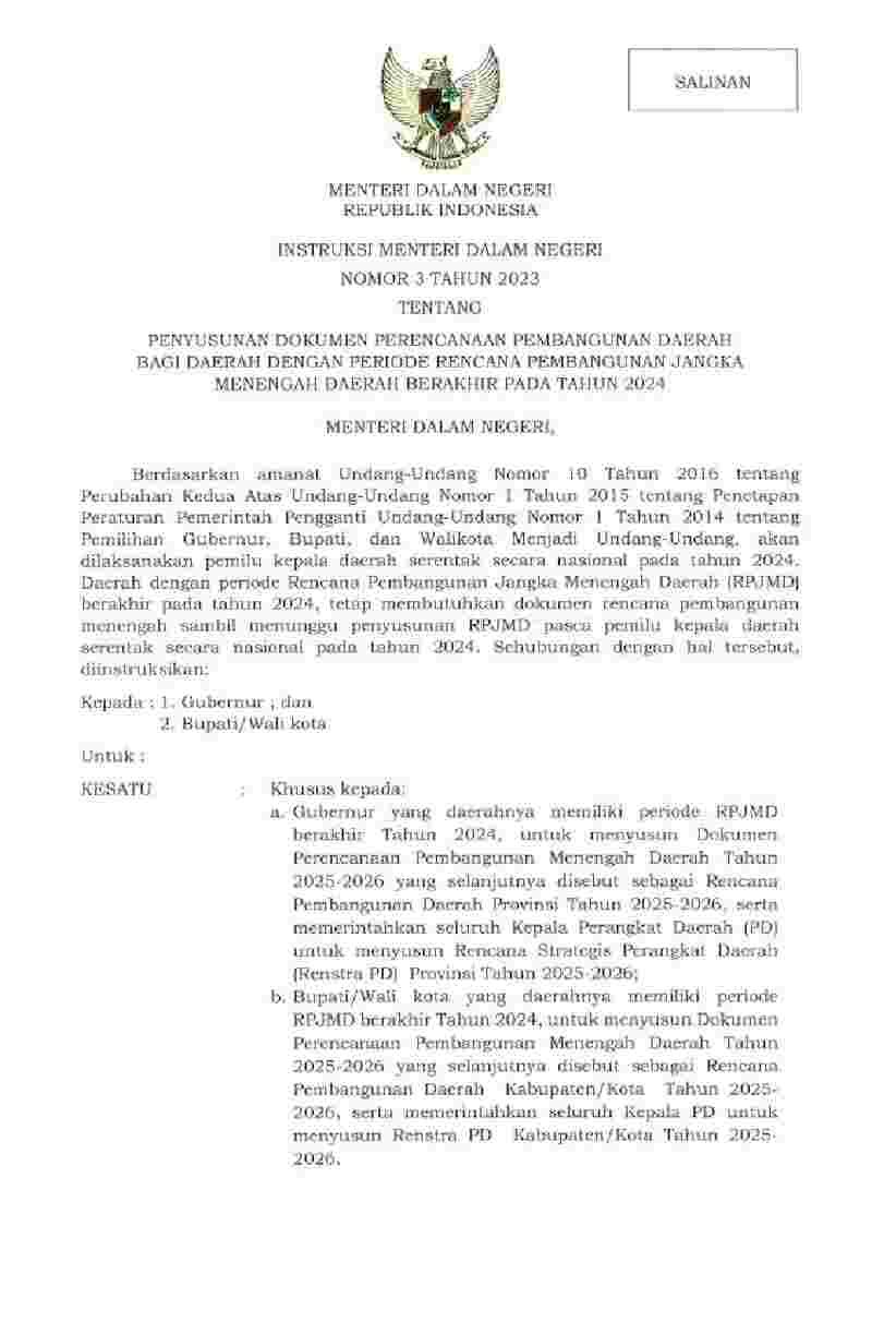 Instruksi Menteri Dalam Negeri No 3 tahun 2023 tentang Penyusunan Dokumen Perencanaan ...