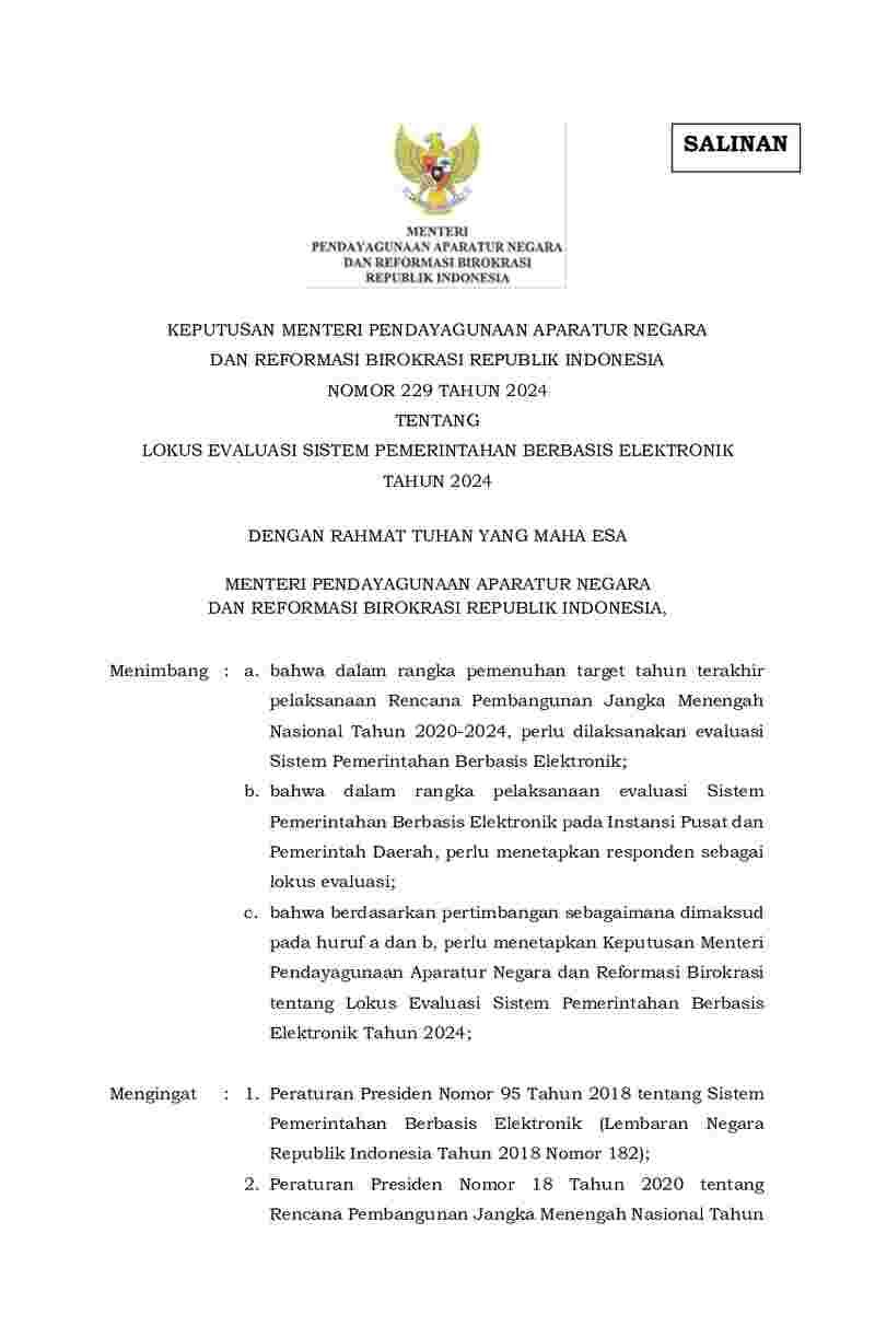 Keputusan Menteri Negara Pendayagunaan Aparatur Negara dan Reformasi Birokrasi No 229 tahun 2024 ...