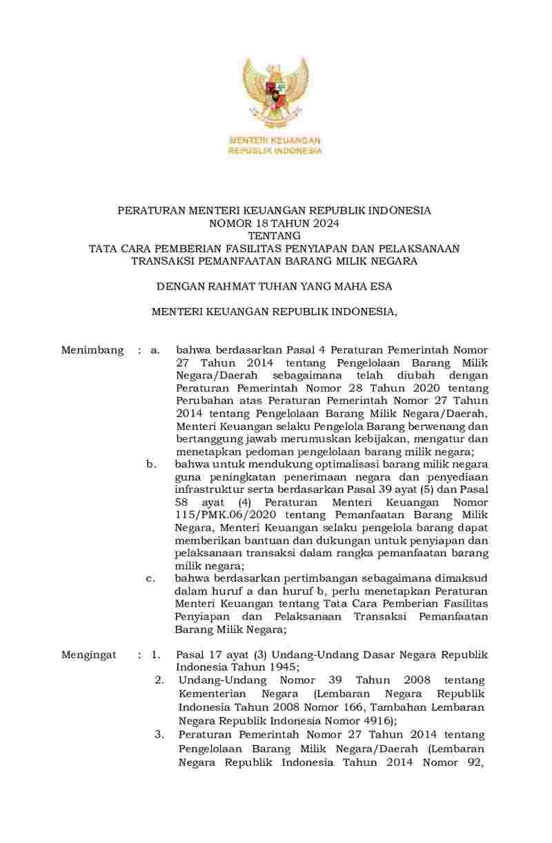 Peraturan Menteri Keuangan No 18 tahun 2024 tentang Tata Cara Pemberian Fasilitas Penyiapan dan ...