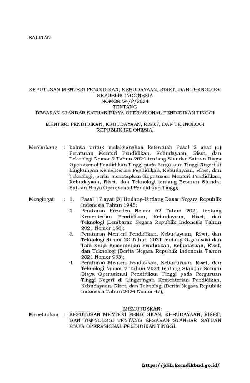Keputusan Menteri Pendidikan, Kebudayaan, Riset, dan Teknologi (Dikbudristek) No 54/P/2024 tahun ...
