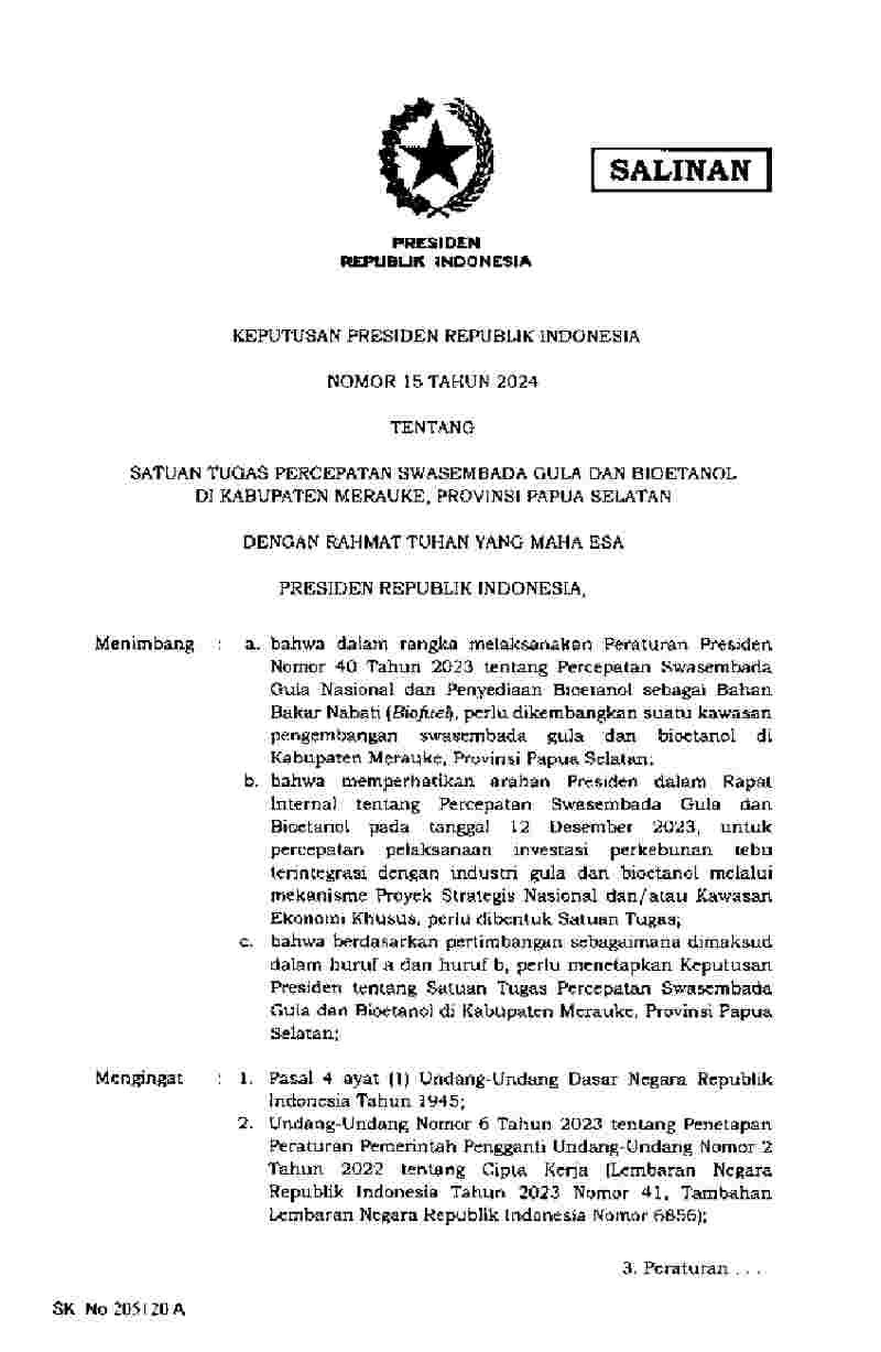 Keputusan Presiden No 15 Tahun 2024 Tentang Satuan Tugas Percepatan