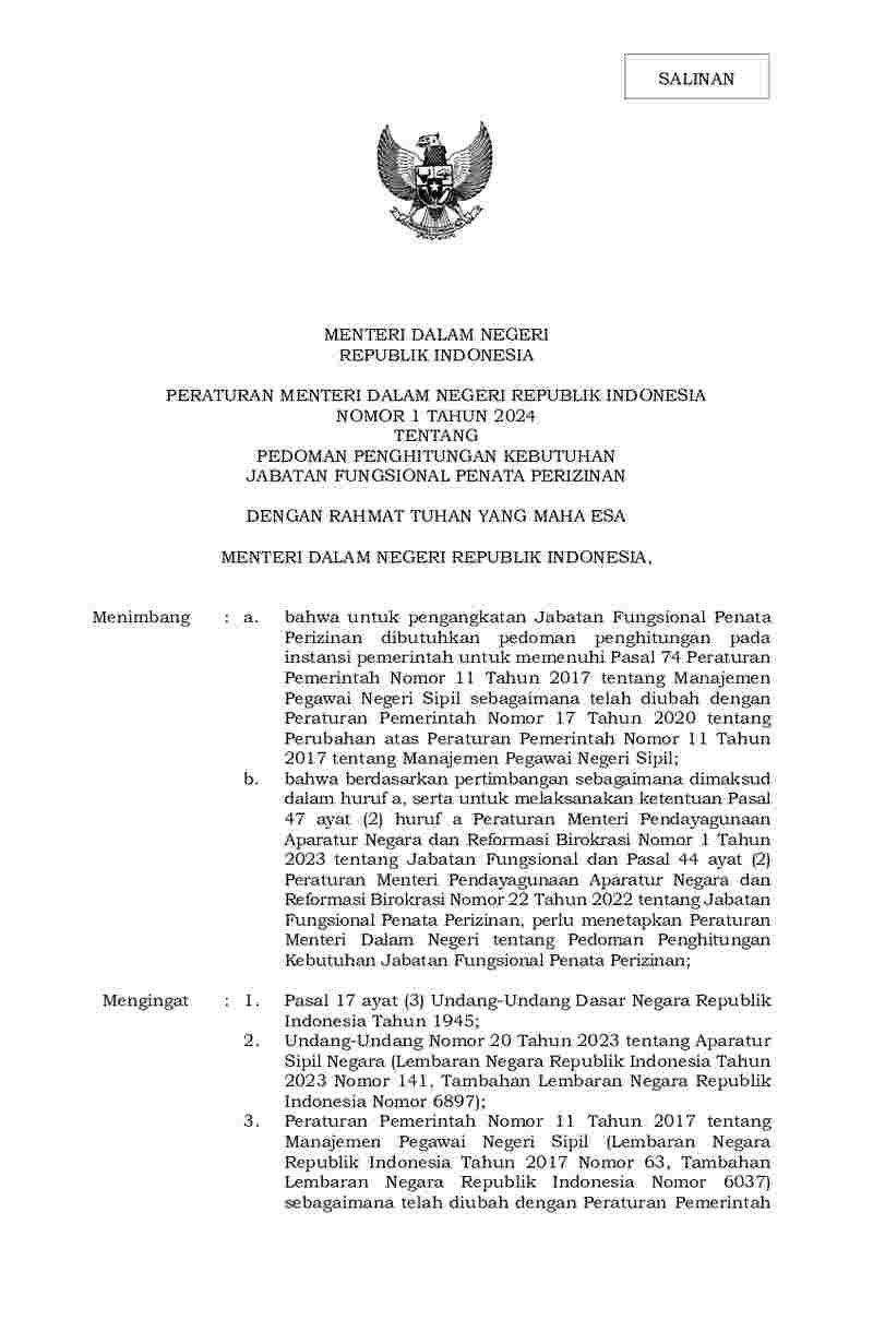 Peraturan Menteri Dalam Negeri No 1 tahun 2024 tentang Pedoman Penghitungan Kebutuhan Jabatan ...