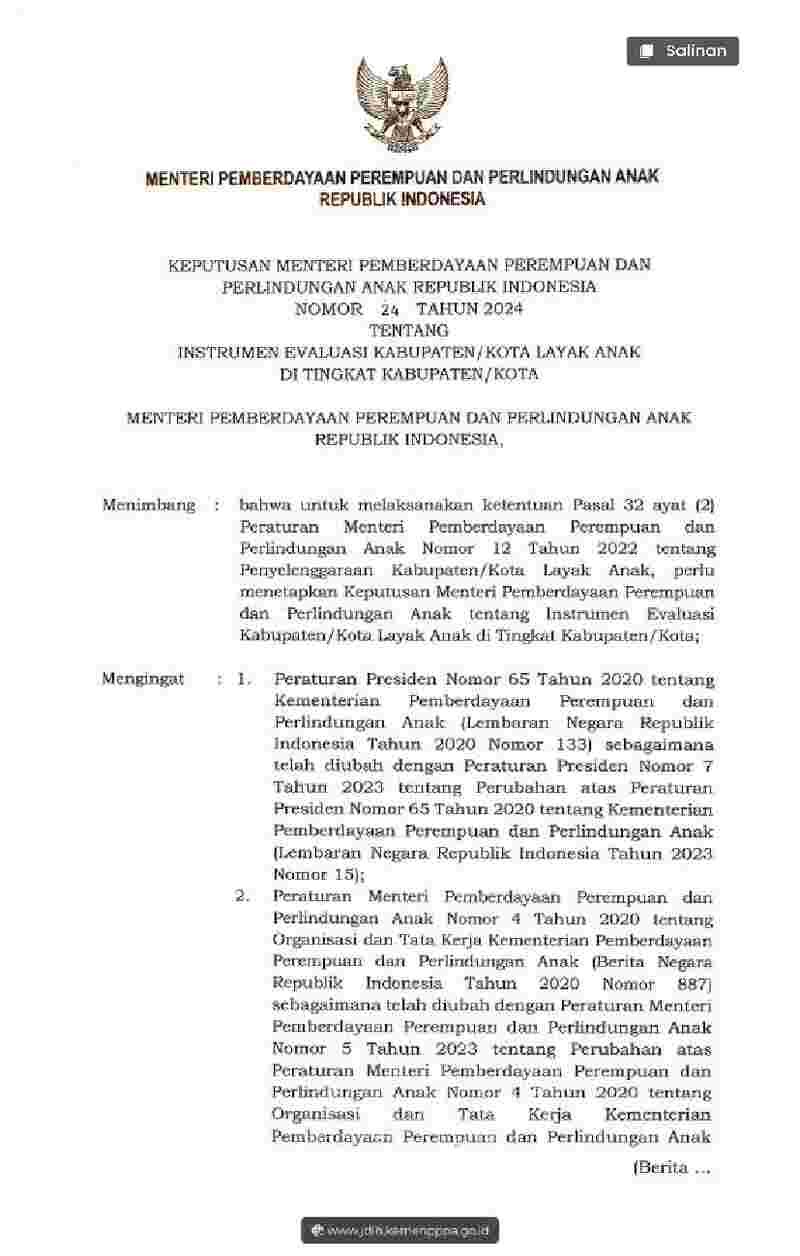 Keputusan Menteri Pemberdayaan Perempuan Dan Perlindungan Anak No 24 ... Keputusan Menteri Pemberdayaan Perempuan Dan Perlindungan Anak No 24 ...