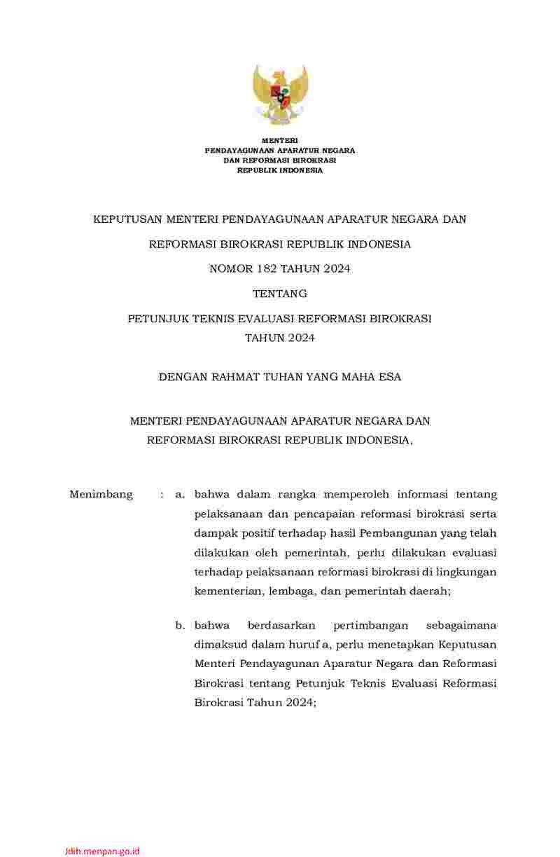 Keputusan Menteri Negara Pendayagunaan Aparatur Negara dan Reformasi Birokrasi No 182 tahun 2024 ...