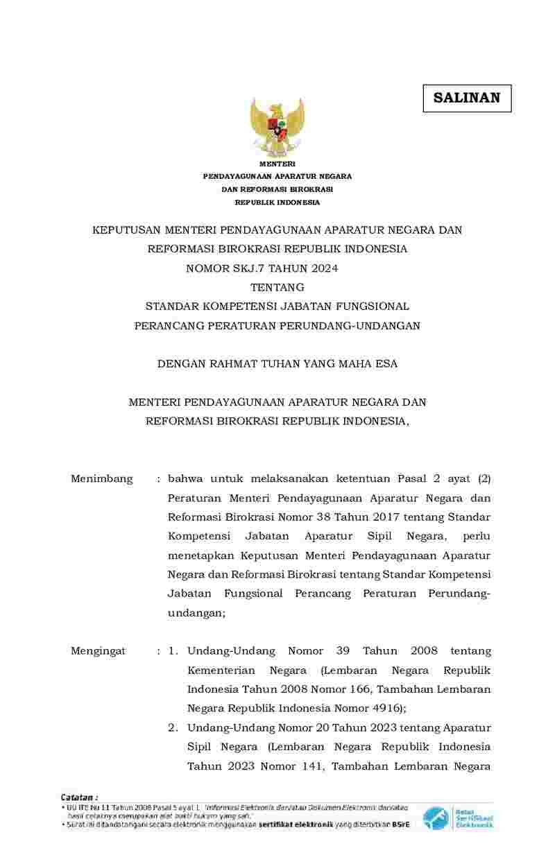 Keputusan Menteri Negara Pendayagunaan Aparatur Negara dan Reformasi Birokrasi No SKJ.7 tahun ...