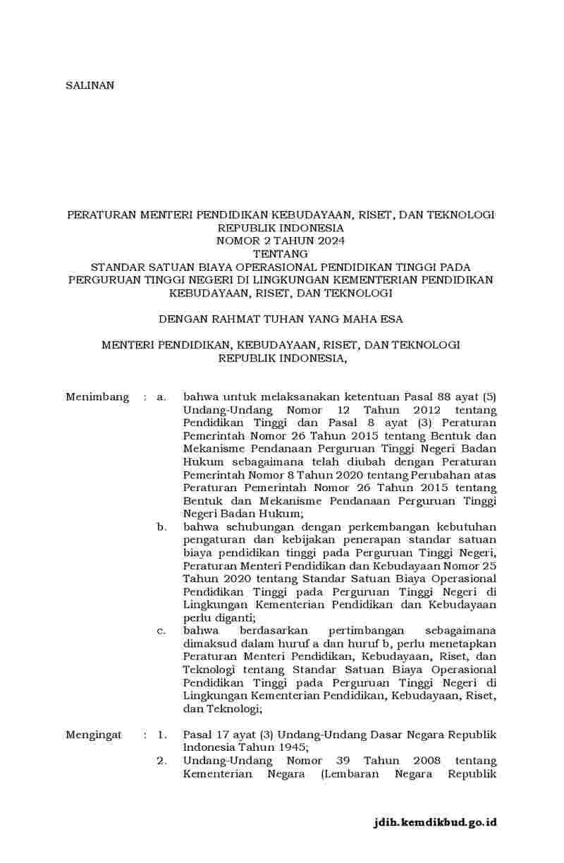 Peraturan Menteri Pendidikan, Kebudayaan, Riset, dan Teknologi (Dikbudristek) No 2 tahun 2024 ...