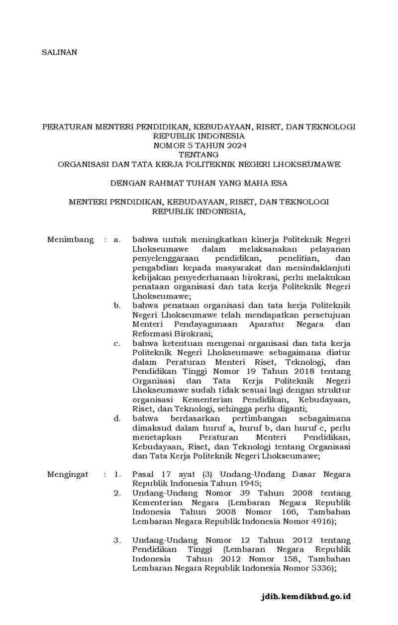Peraturan Menteri Pendidikan, Kebudayaan, Riset, dan Teknologi (Dikbudristek) No 5 tahun 2024 ...
