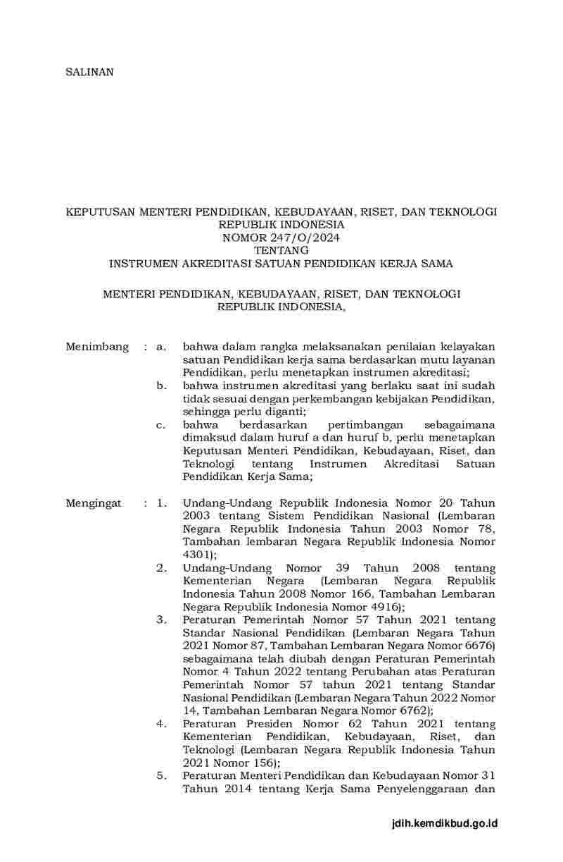 Keputusan Menteri Pendidikan, Kebudayaan, Riset, dan Teknologi (Dikbudristek) No 247/O/2024 ...