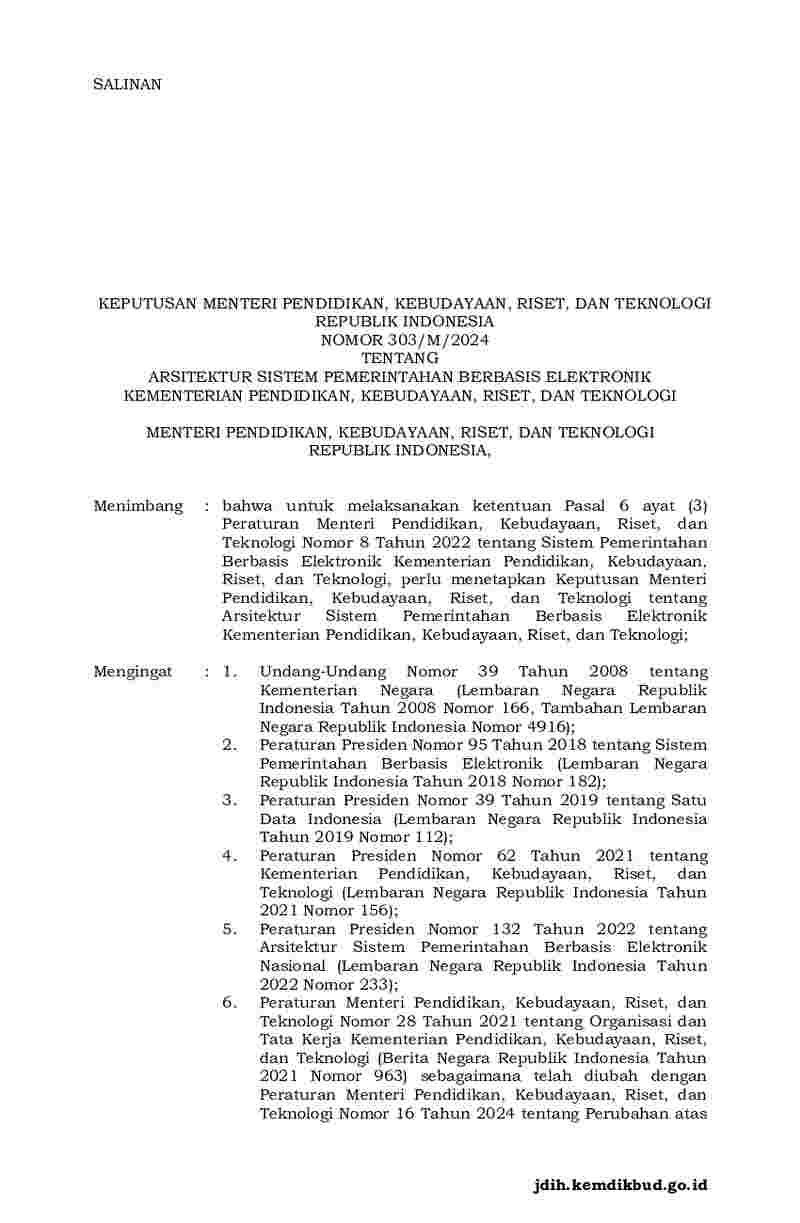 Keputusan Menteri Pendidikan, Kebudayaan, Riset, dan Teknologi (Dikbudristek) No 303/M/2024 ...