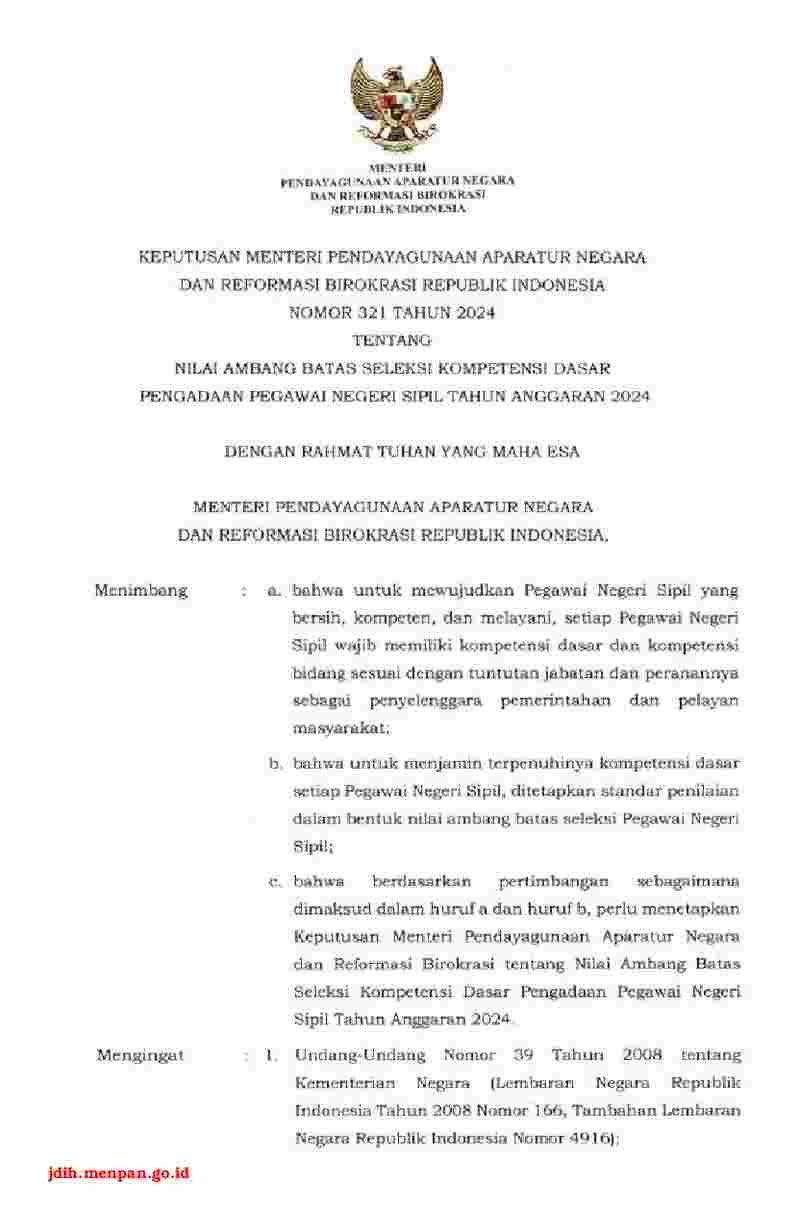 Keputusan Menteri Negara Pendayagunaan Aparatur Negara dan Reformasi Birokrasi No 321 tahun 2024 ...