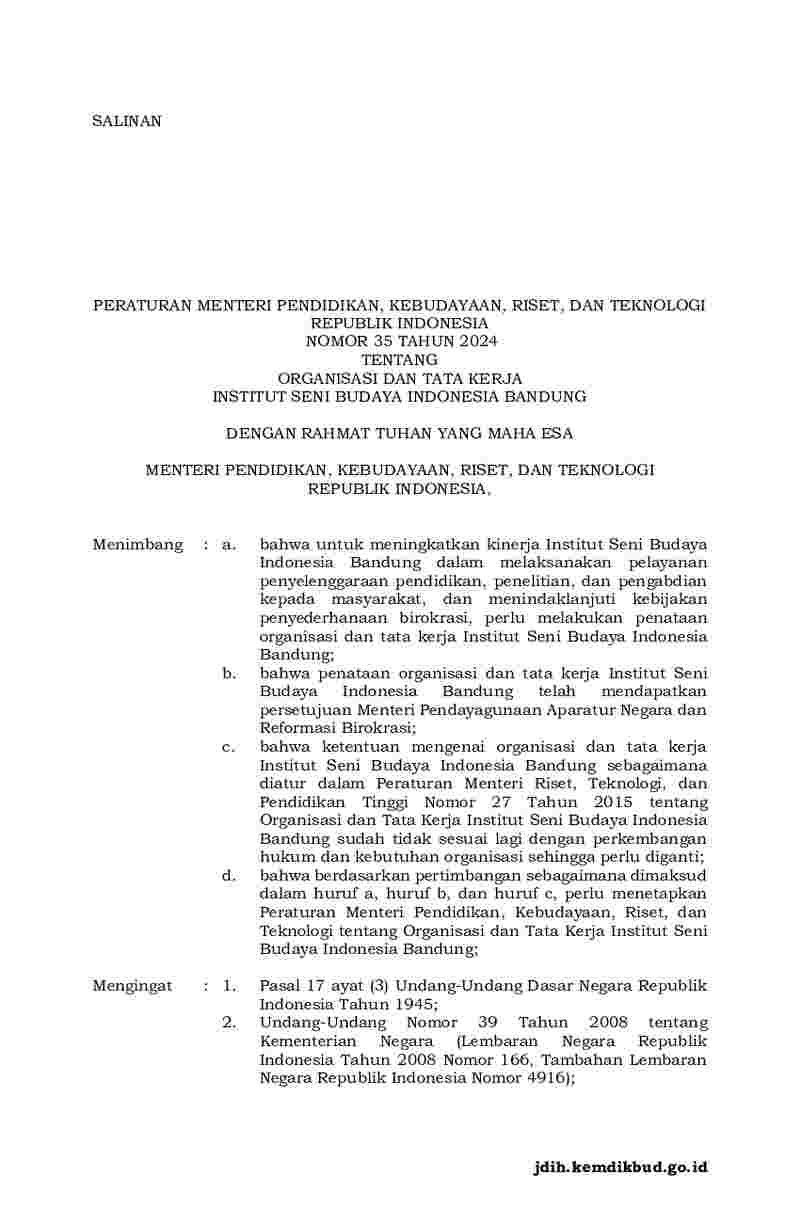 Peraturan Menteri Pendidikan, Kebudayaan, Riset, dan Teknologi (Dikbudristek) No 35 tahun 2024 ...