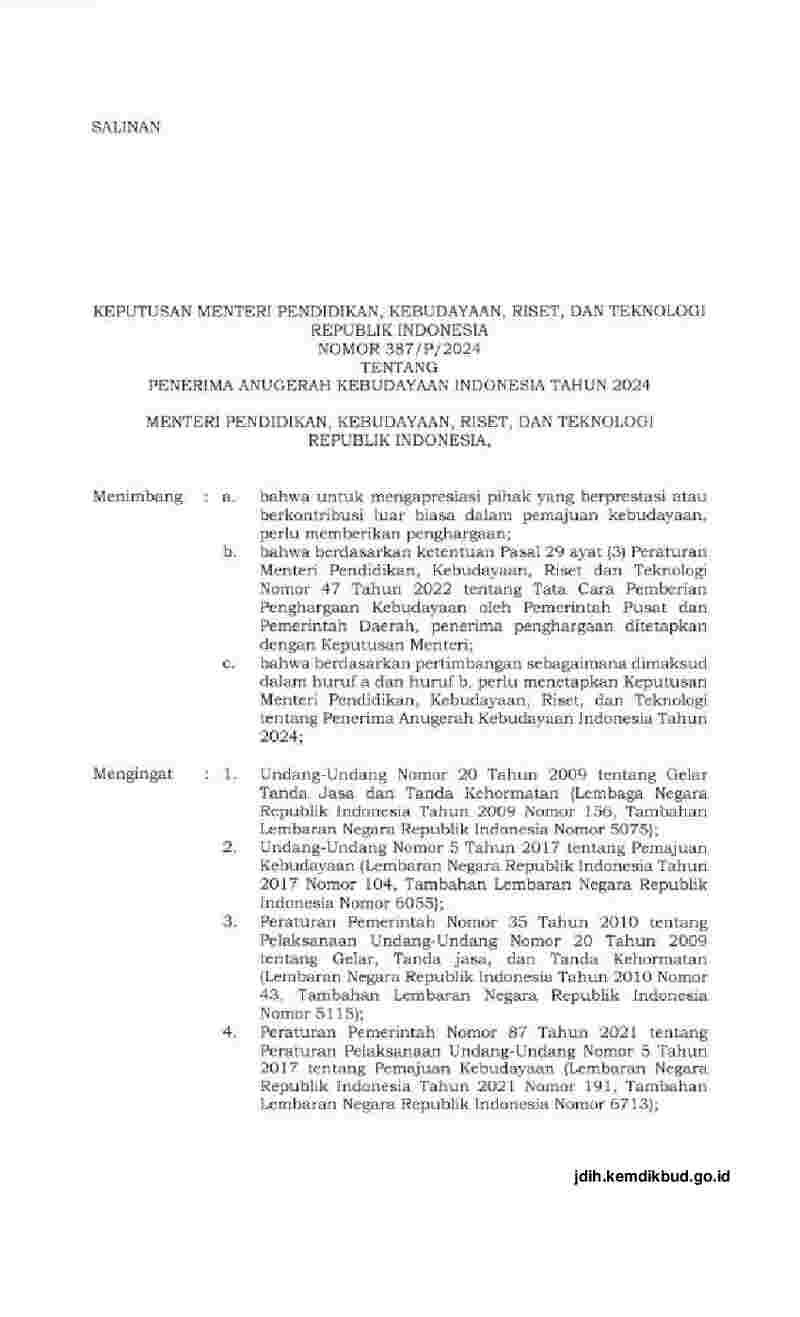 Keputusan Menteri Pendidikan, Kebudayaan, Riset, dan Teknologi (Dikbudristek) No 387/P/2024 ...