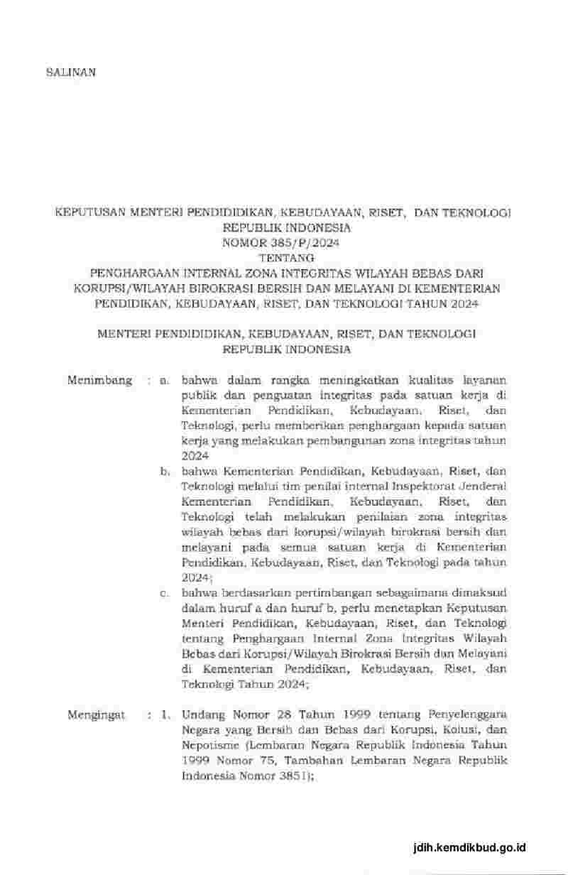 Keputusan Menteri Pendidikan, Kebudayaan, Riset, dan Teknologi (Dikbudristek) No 385/P/2024 ...