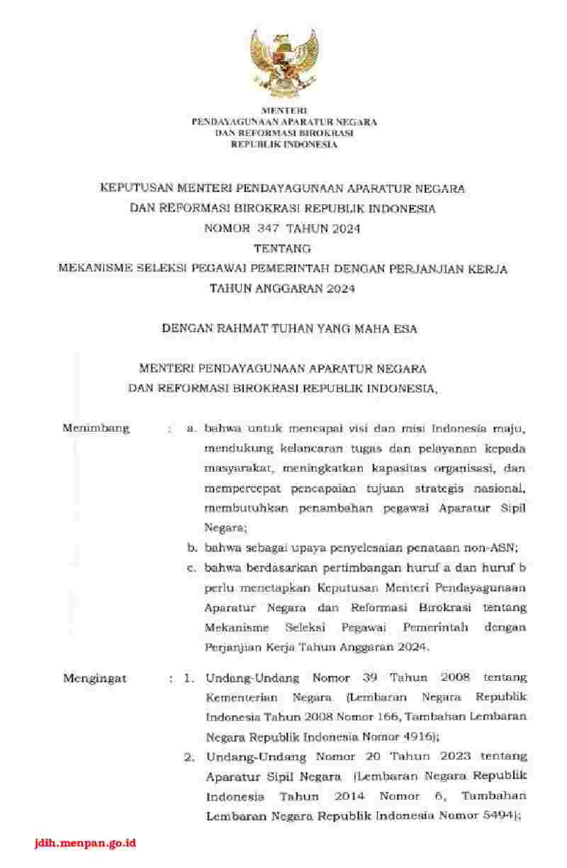 Keputusan Menteri Negara Pendayagunaan Aparatur Negara dan Reformasi Birokrasi No 347 tahun 2024 ...