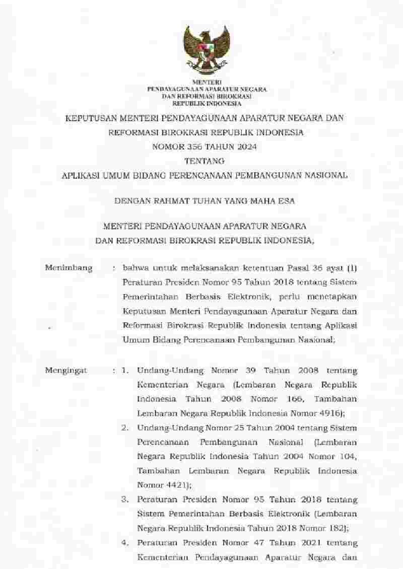Keputusan Menteri Negara Pendayagunaan Aparatur Negara dan Reformasi Birokrasi No 356 tahun 2024 ...