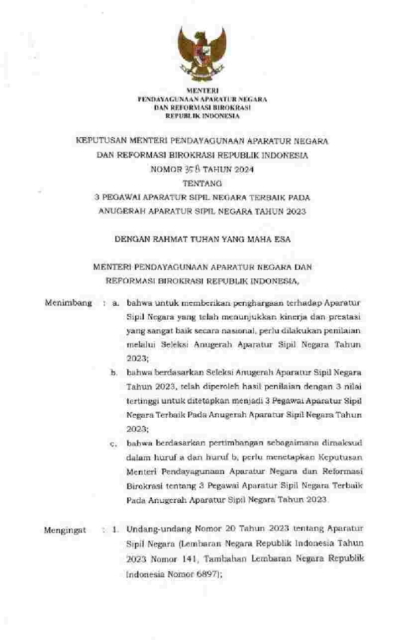 Keputusan Menteri Negara Pendayagunaan Aparatur Negara dan Reformasi Birokrasi No 358 tahun 2024 ...