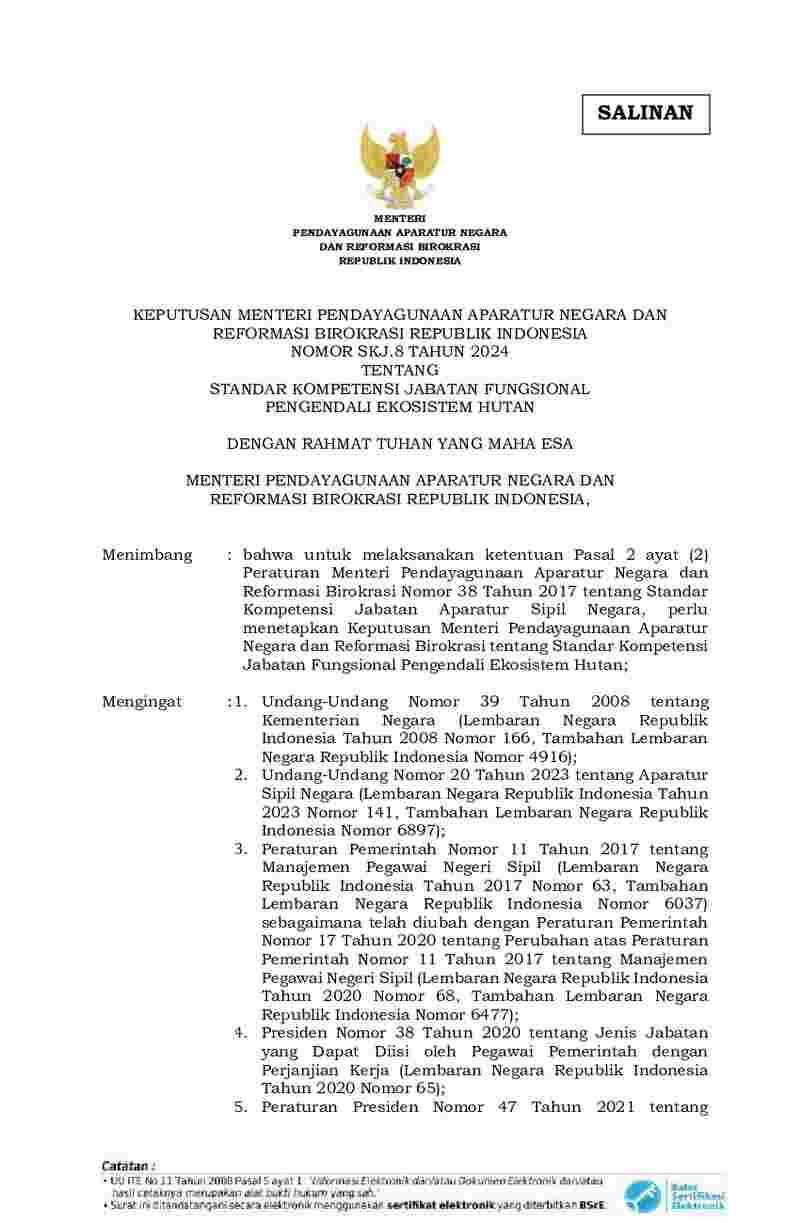 Keputusan Menteri Negara Pendayagunaan Aparatur Negara dan Reformasi Birokrasi No SKJ.8 tahun ...