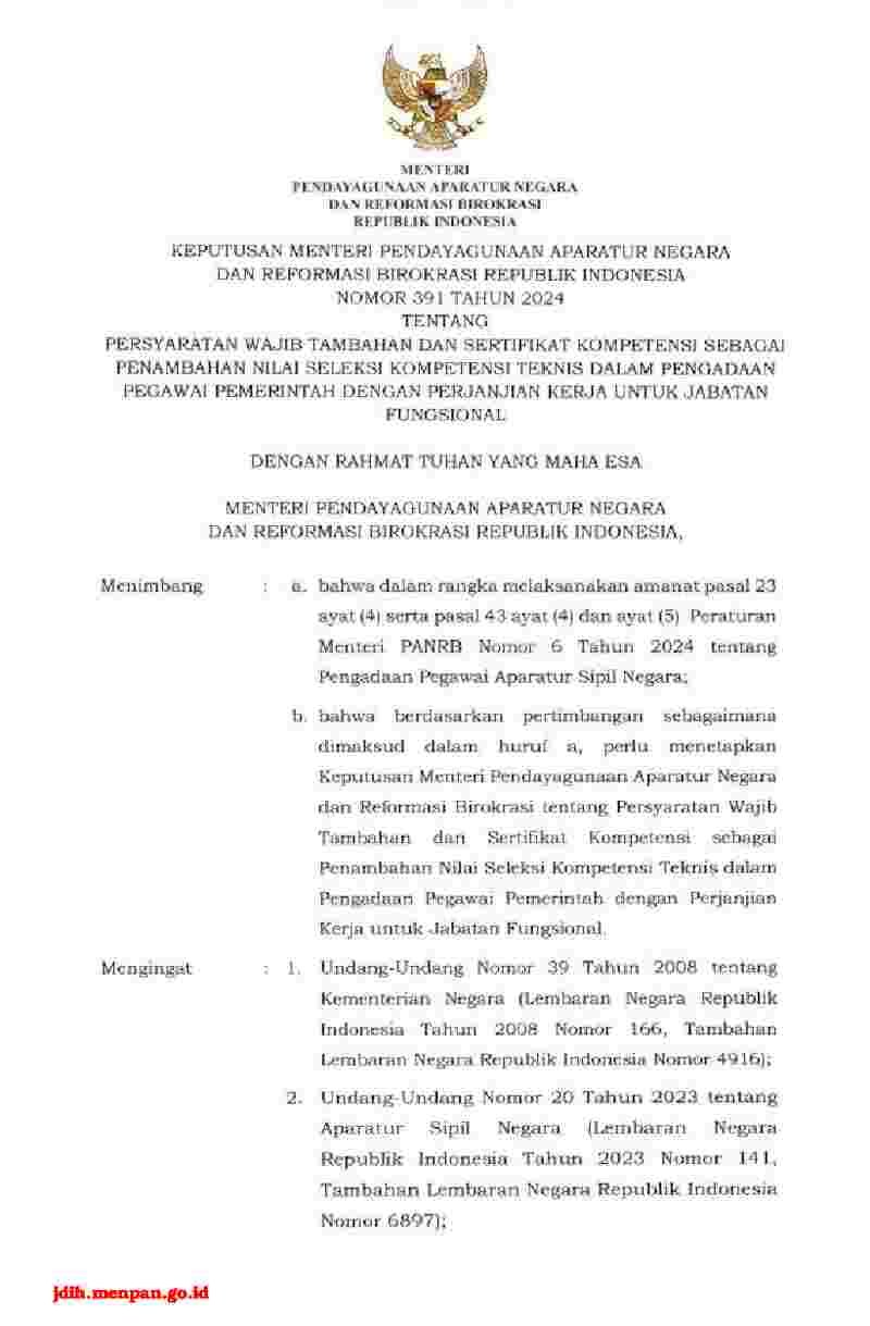 Keputusan Menteri Negara Pendayagunaan Aparatur Negara dan Reformasi Birokrasi No 391 tahun 2024 ...