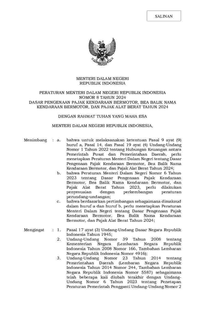 Peraturan Menteri Dalam Negeri No 8 tahun 2024 tentang Dasar Pengenaan Pajak Kendaraan Bermotor ...