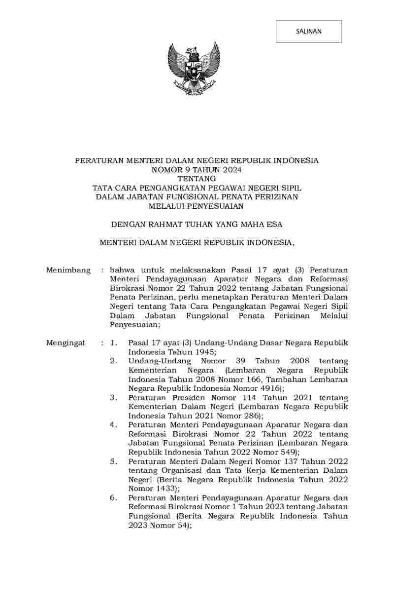 Peraturan Menteri Dalam Negeri No 9 tahun 2024 tentang Tata Cara Pengangkatan Pegawai Negeri ...