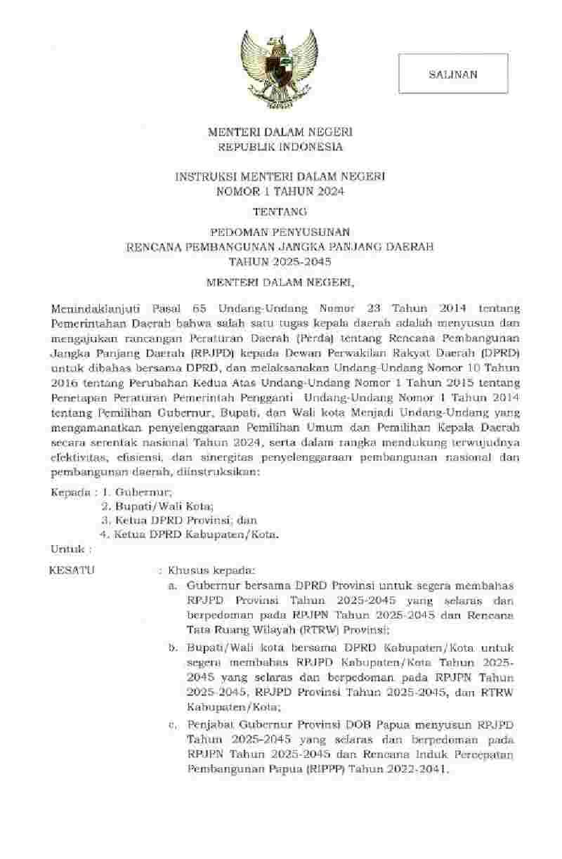 Instruksi Menteri Dalam Negeri No 1 tahun 2024 tentang Pedoman Penyusunan Rencana Pembangunan ...