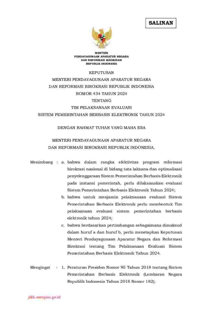 Keputusan Menteri Negara Pendayagunaan Aparatur Negara dan Reformasi Birokrasi No 434 tahun 2024 ...