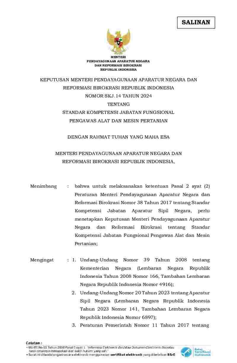 Keputusan Menteri Negara Pendayagunaan Aparatur Negara dan Reformasi Birokrasi No SKJ.14 tahun ...