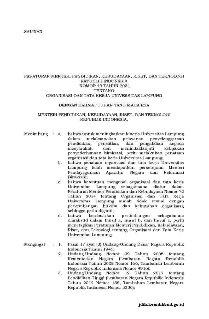 Peraturan Menteri Pendidikan, Kebudayaan, Riset, dan Teknologi (Dikbudristek) No 49 tahun 2024 ...