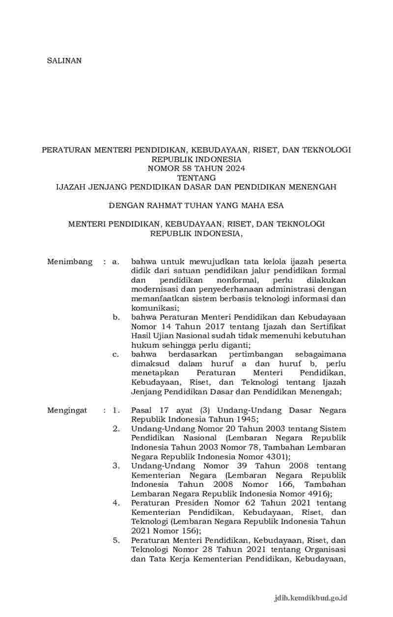 Peraturan Menteri Pendidikan, Kebudayaan, Riset, dan Teknologi (Dikbudristek) No 58 tahun 2024 ...