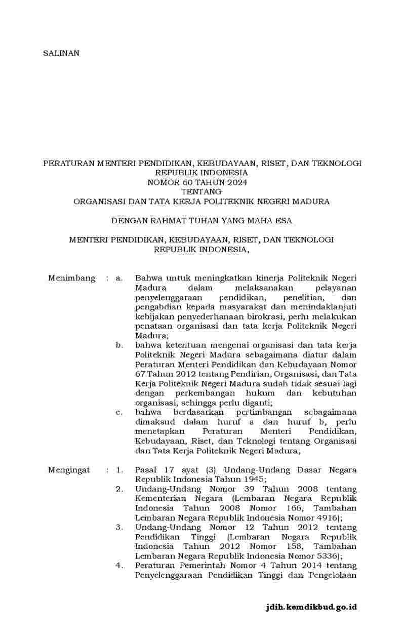 Peraturan Menteri Pendidikan, Kebudayaan, Riset, dan Teknologi (Dikbudristek) No 60 tahun 2024 ...