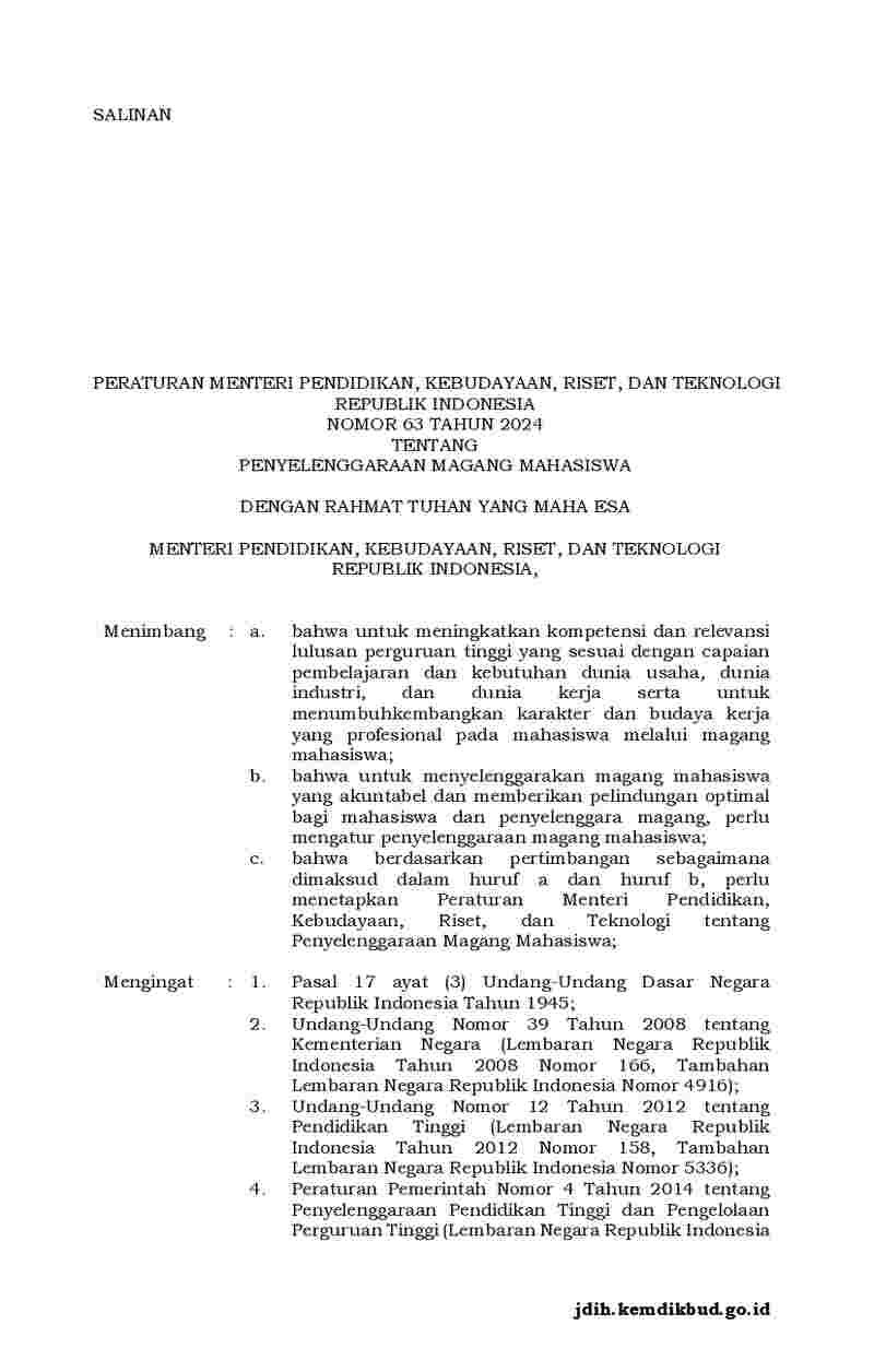 Peraturan Menteri Pendidikan, Kebudayaan, Riset, dan Teknologi (Dikbudristek) No 63 tahun 2024 ...