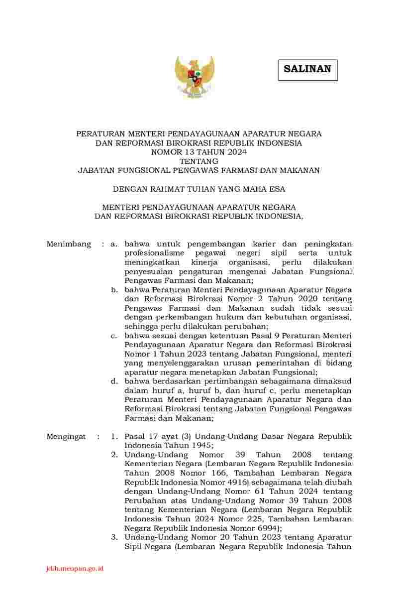 Peraturan Menteri Negara Pendayagunaan Aparatur Negara dan Reformasi Birokrasi No 13 tahun 2024 ...