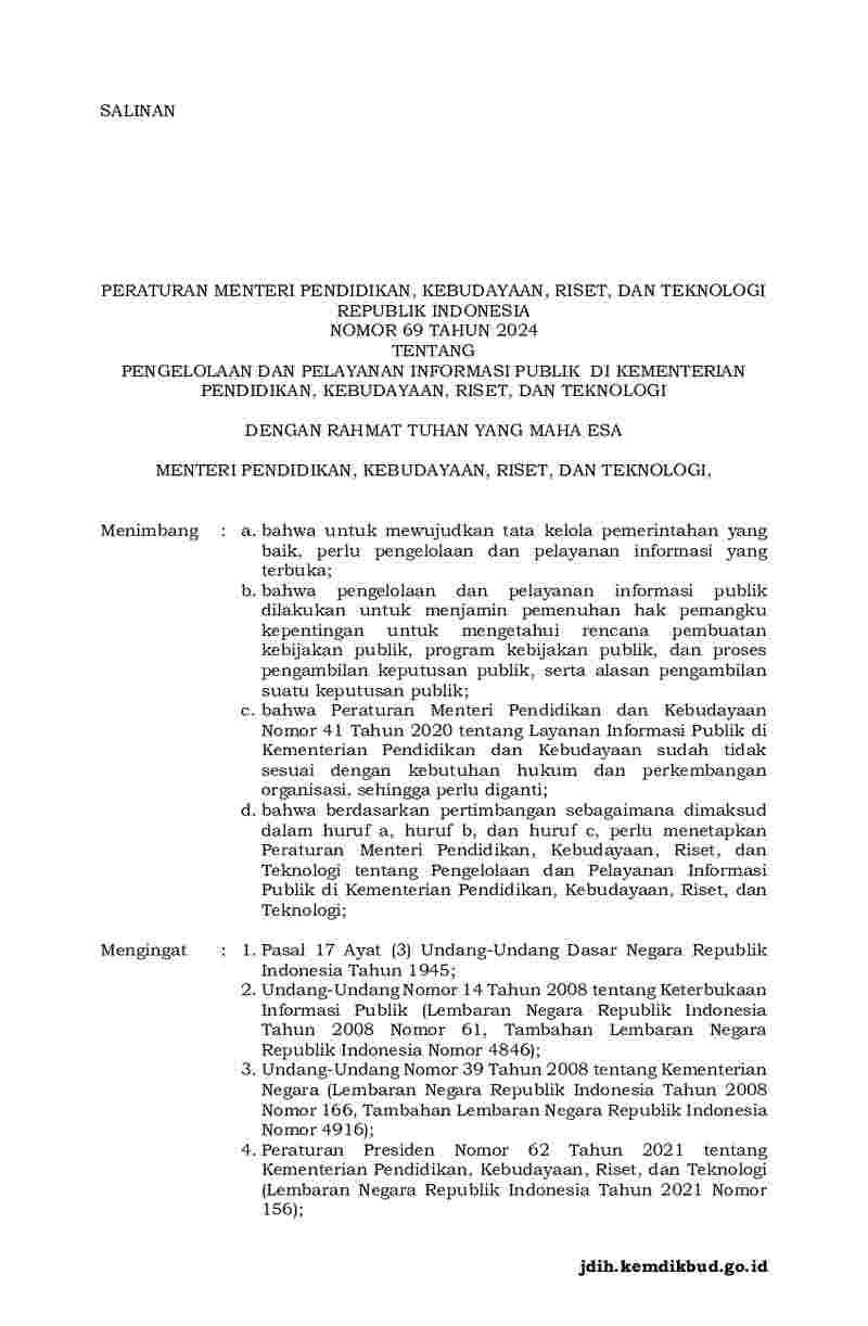 Peraturan Menteri Pendidikan, Kebudayaan, Riset, dan Teknologi (Dikbudristek) No 69 tahun 2024 ...