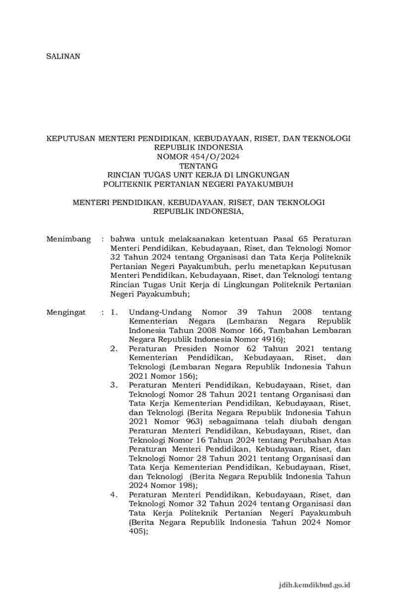 Keputusan Menteri Pendidikan, Kebudayaan, Riset, dan Teknologi (Dikbudristek) No 454/O/2024 ...