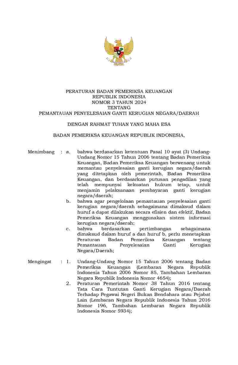 Peraturan Badan Pemeriksa Keuangan RI (BPK-RI) No 3 tahun 2024 tentang ...