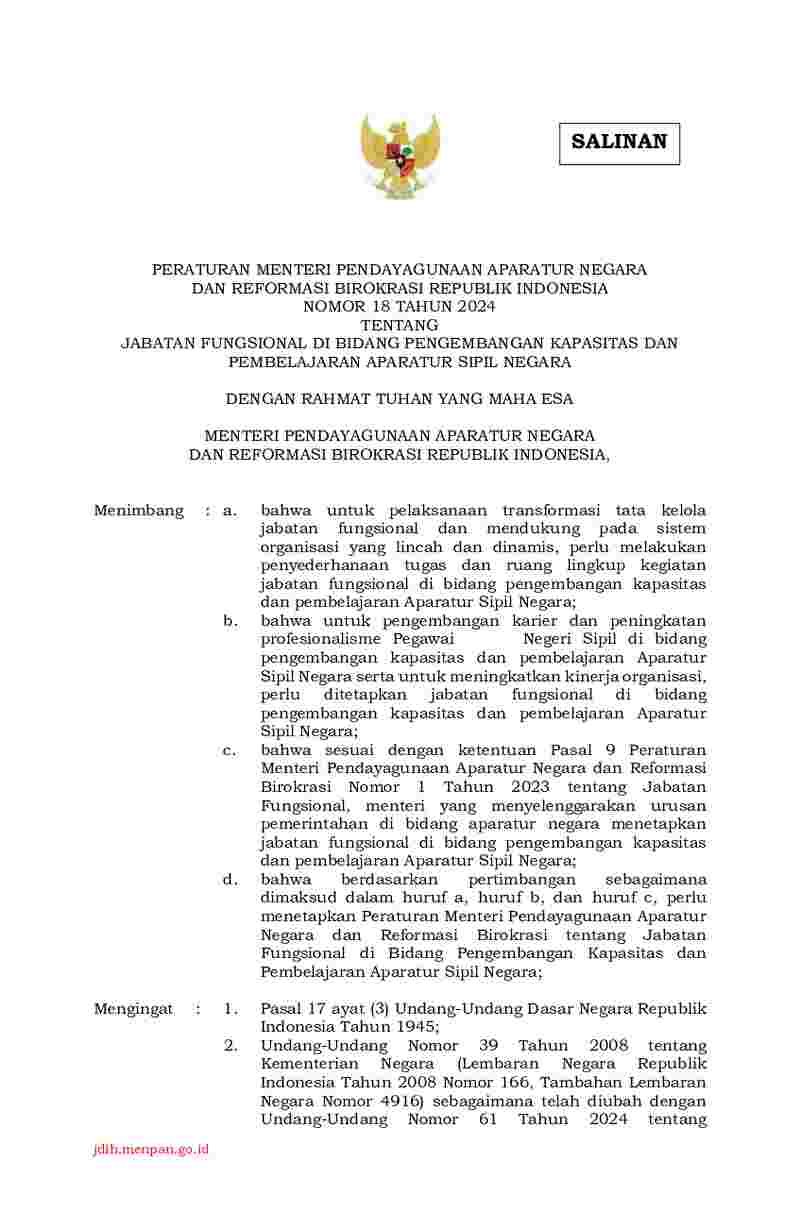 Peraturan Menteri Negara Pendayagunaan Aparatur Negara dan Reformasi Birokrasi No 18 tahun 2024 ...