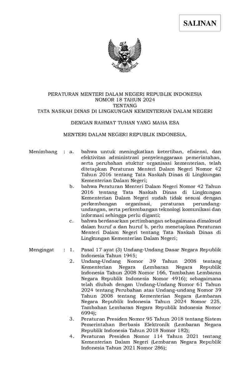 Peraturan Menteri Dalam Negeri No 18 tahun 2024 tentang Tata Naskah Dinas di Lingkungan ...