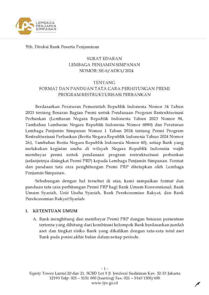 Surat Edaran Lembaga Penjamin Simpanan (LPS) No SE-6/ADKl/2024 tahun ...