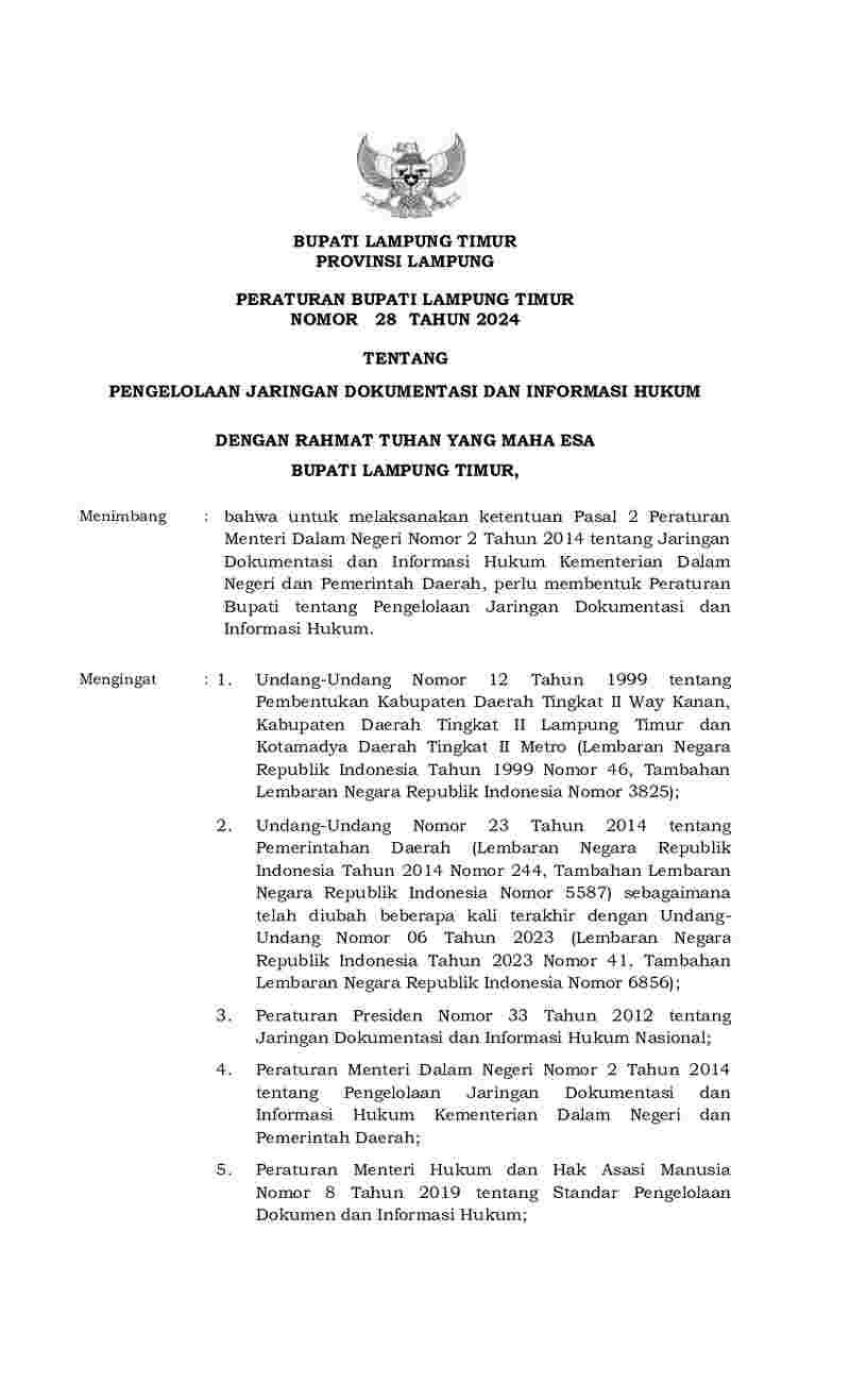 Peraturan Bupati Lampung Timur No 28 tahun 2024 tentang Pengelolaan Jaringan Dokumentasi dan ...