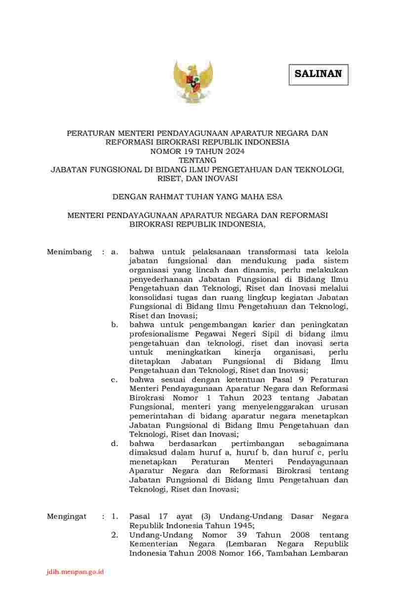 Peraturan Menteri Negara Pendayagunaan Aparatur Negara dan Reformasi Birokrasi No 19 tahun 2024 ...