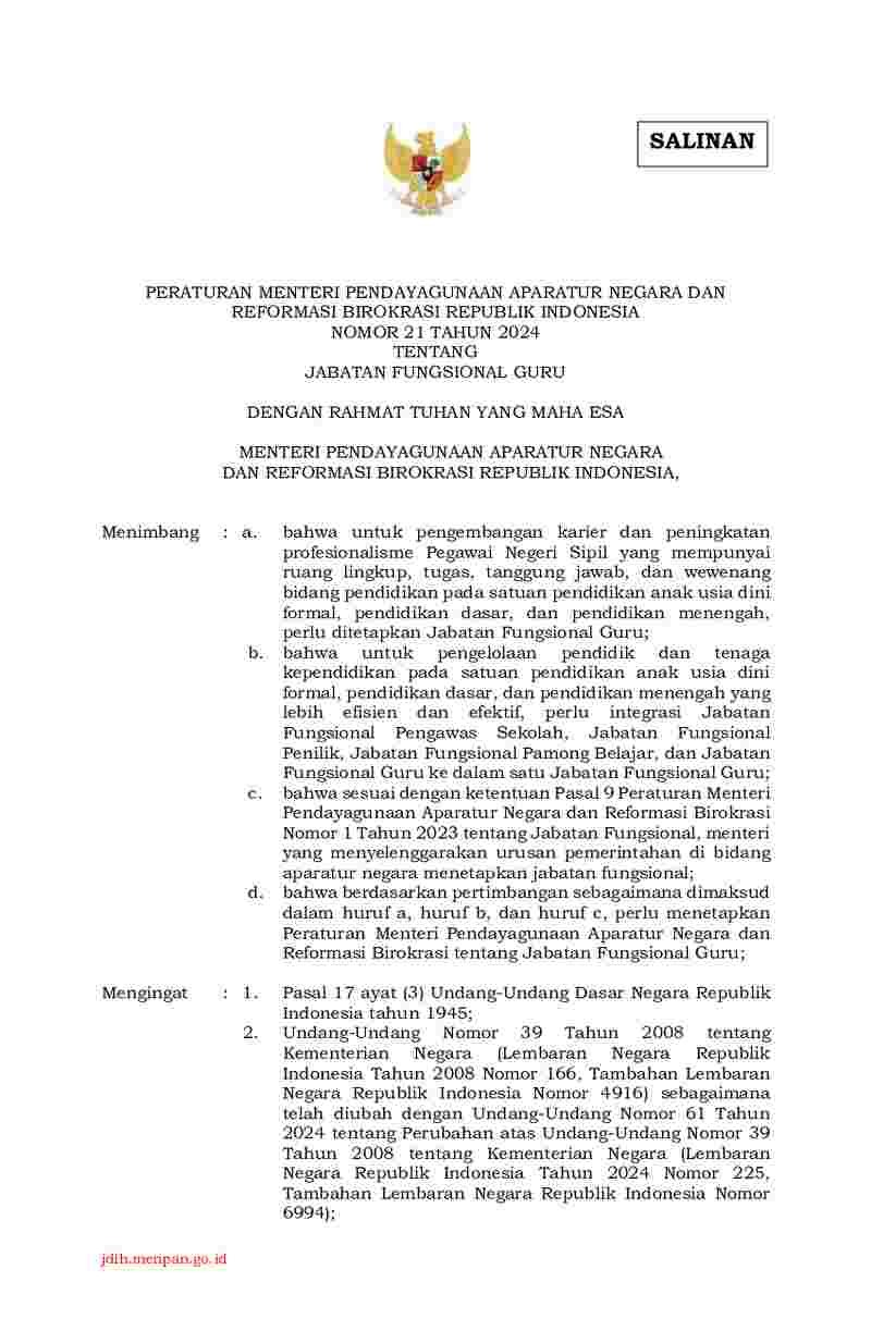 Peraturan Menteri Negara Pendayagunaan Aparatur Negara dan Reformasi Birokrasi No 21 tahun 2024 ...