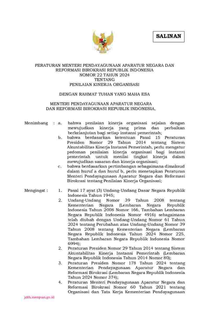 Peraturan Menteri Negara Pendayagunaan Aparatur Negara dan Reformasi Birokrasi No 22 tahun 2024 ...