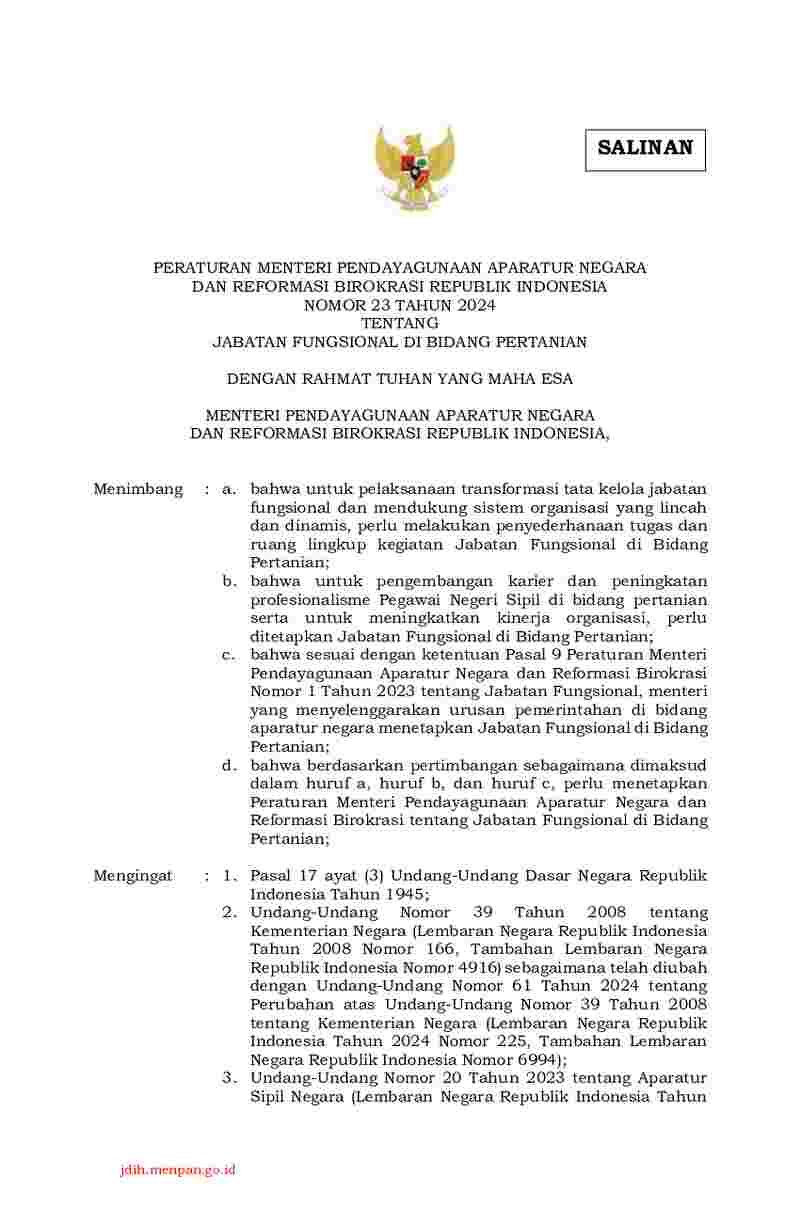 Peraturan Menteri Negara Pendayagunaan Aparatur Negara dan Reformasi Birokrasi No 23 tahun 2024 ...