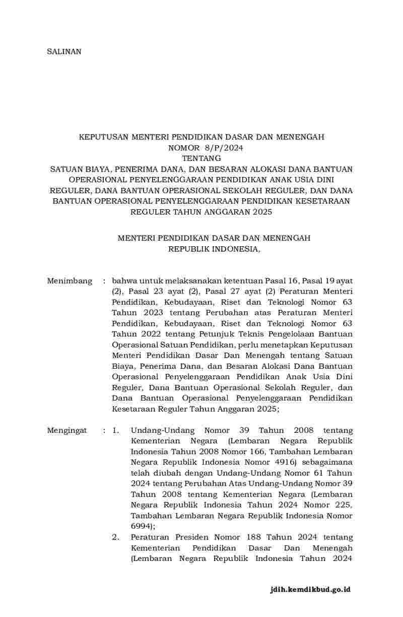 Keputusan Menteri Pendidikan Dasar dan Menengah No 8/P/2024 tahun 2024 ...