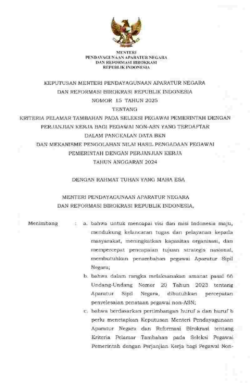 Keputusan Menteri Negara Pendayagunaan Aparatur Negara dan Reformasi Birokrasi No 15 tahun 2025 ...
