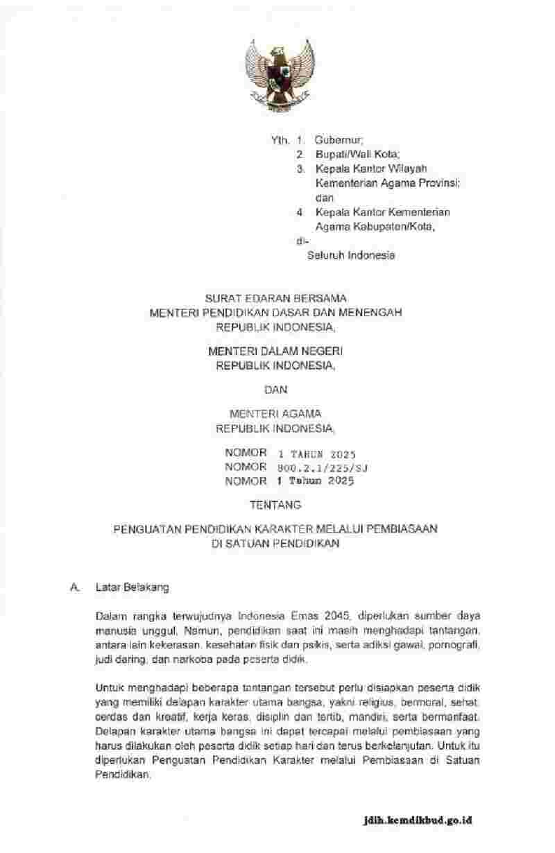 Surat Edaran Menteri Pendidikan Dasar dan Menengah No 1 tahun 2025 tentang Penguatan Pendidikan ...