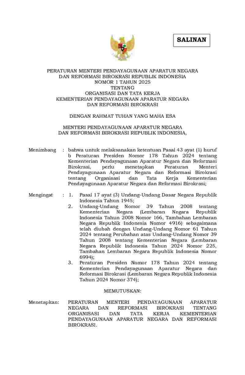 Peraturan Menteri Negara Pendayagunaan Aparatur Negara dan Reformasi Birokrasi No 1 tahun 2025 ...
