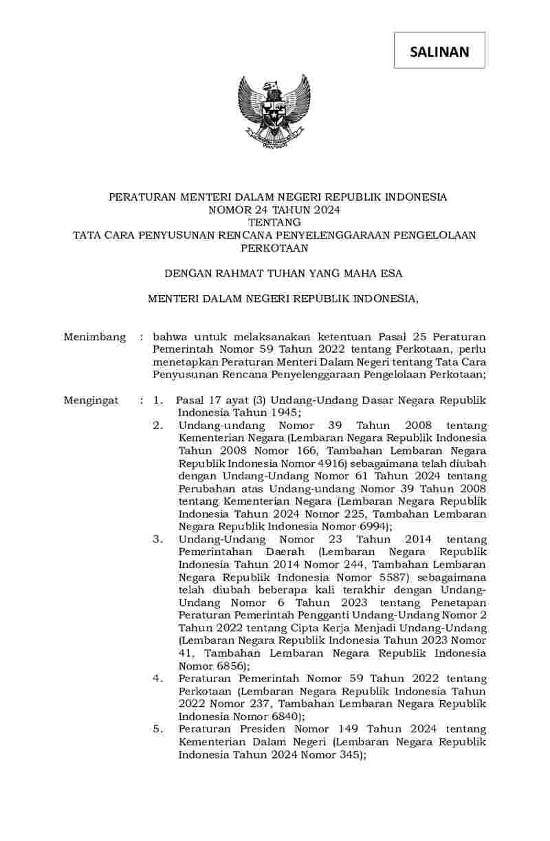 Peraturan Menteri Dalam Negeri No 24 tahun 2024 tentang Tata Cara Penyusunan Rencana ...