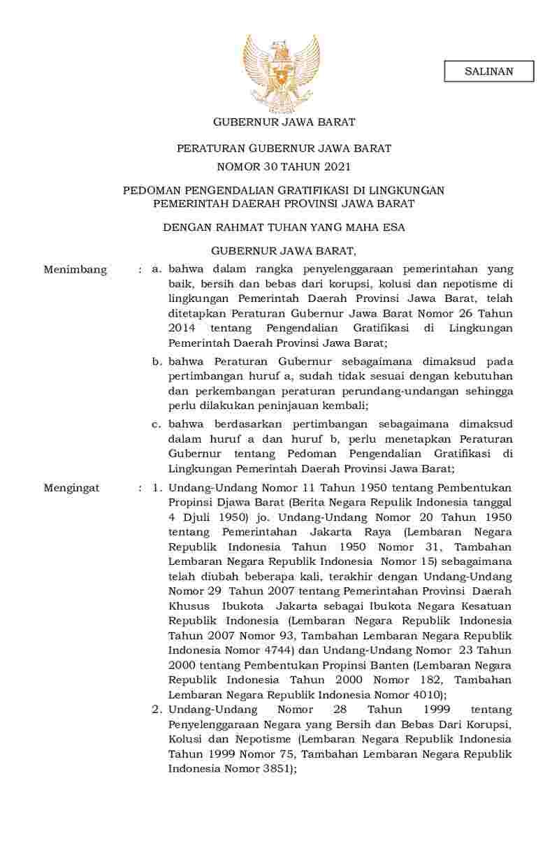 Peraturan Gubernur Jawa Barat No 30 tahun 2021 tentang Pedoman Pengendalian Gratifikasi di ...