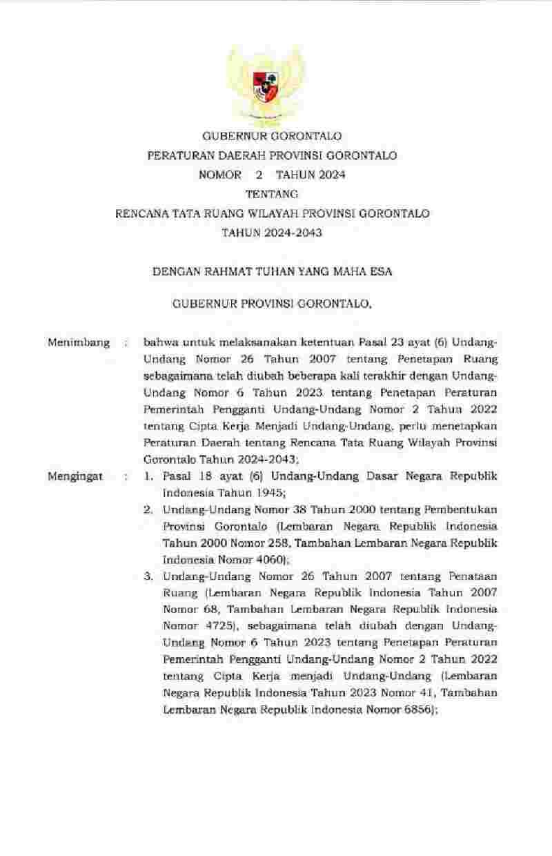 Peraturan Daerah Provinsi Gorontalo No 2 tahun 2024 tentang Rencana Tata Ruang Wilayah Provinsi ...